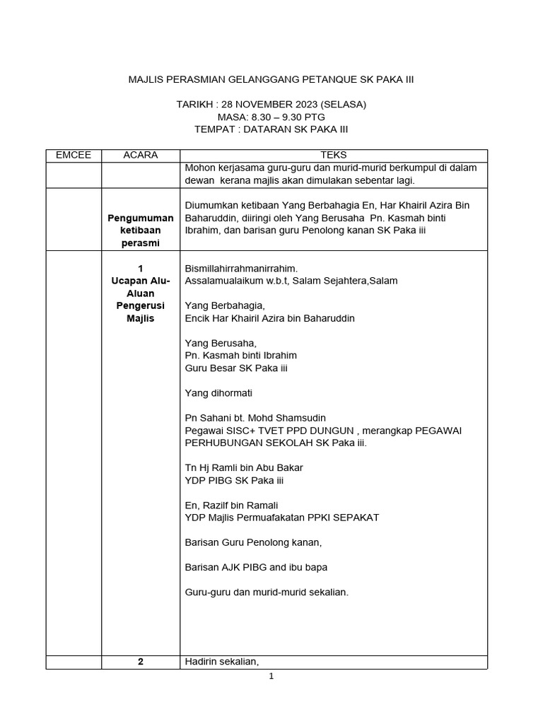 Teks - Pengacara - Majlis - Perasmian Gelanggang Petanque | PDF