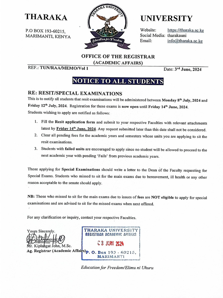 Notice - Resit Examinations 2024 | PDF