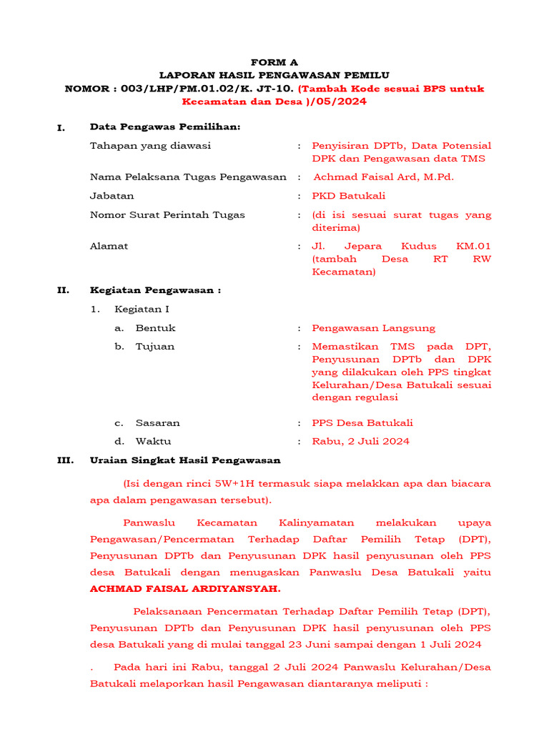 Contoh Form A PKD - Kalinyamatan | PDF