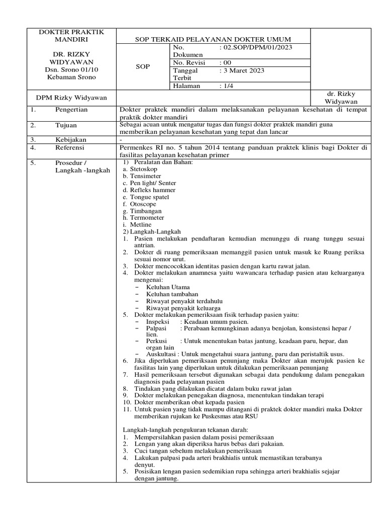Sop Terkait Pelayanan Dokter Umum | PDF | Sains & Matematika