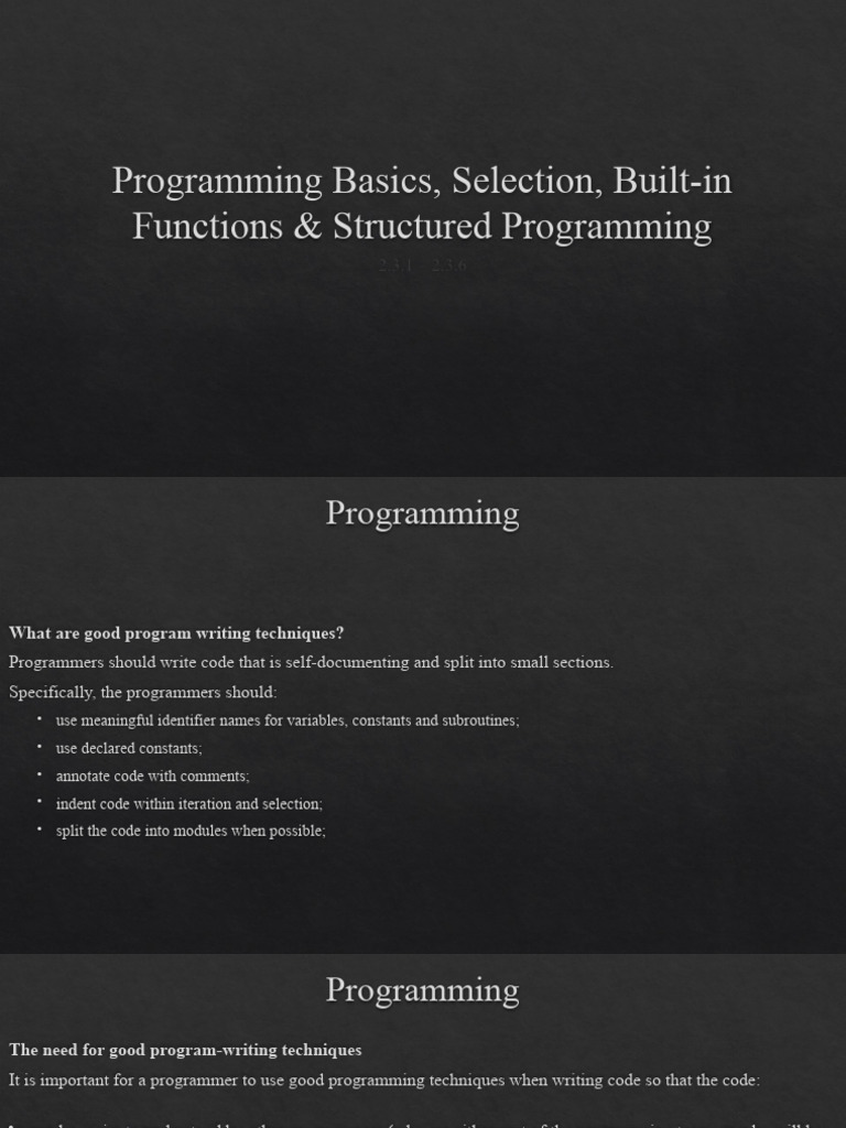 2.3.1 - 2.3.6 Programming Basics, Selection, Built-In Functions ... 2.3.1 - 2.3.6 Programming Basics, Selection, Built-In Functions ...