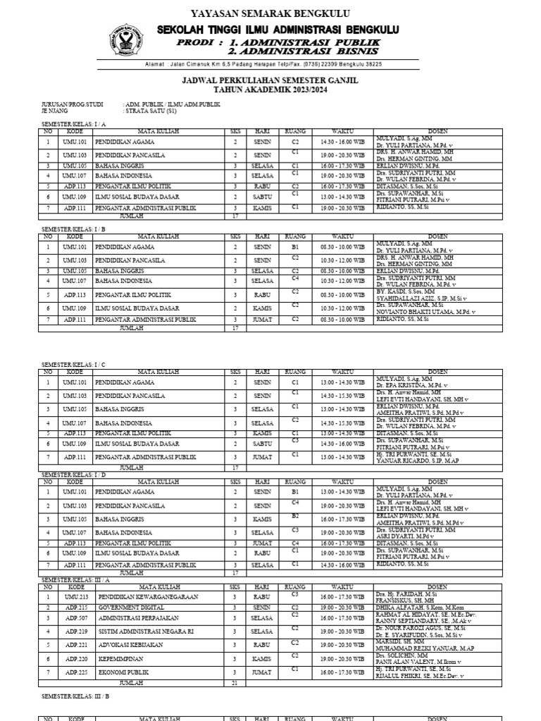 JADWAL PERKULIAHAN SEMESTER GANJIL TA 2023.2024 Atur Kelas | PDF