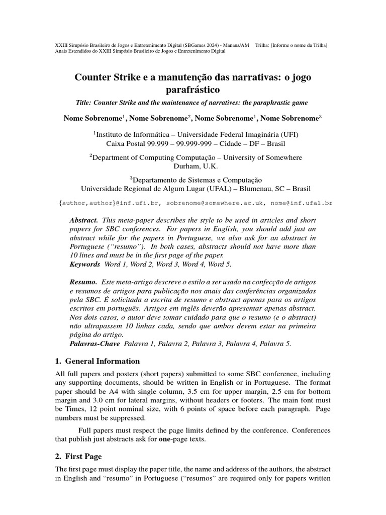 Template Artigos SBGames SOL SBC | PDF | Paragraph | Publishing