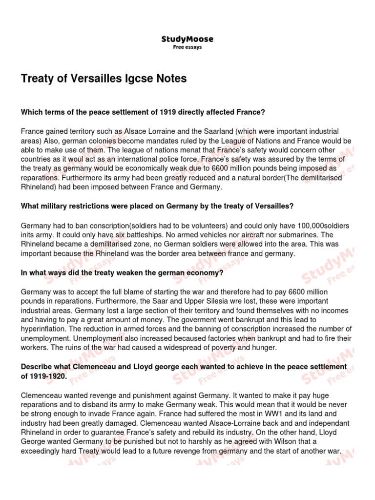 Treaty of Versailles Igcse Notes | PDF | Treaty Of Versailles | Weimar ...
