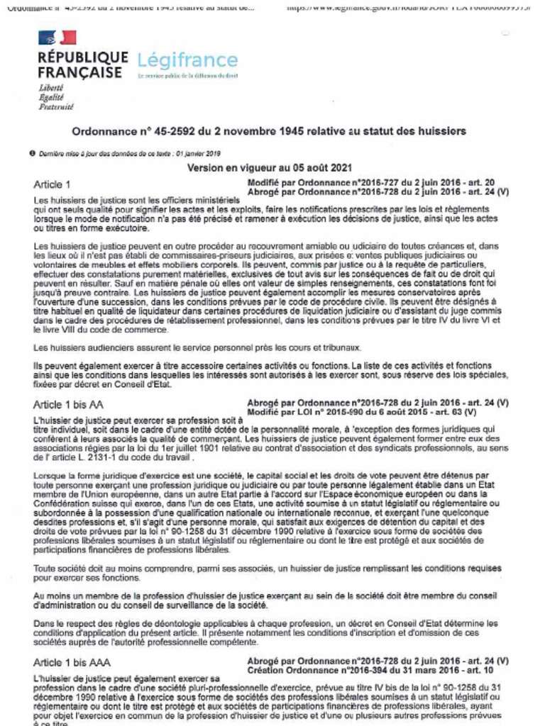 Annexe - 2 - HUISSIER - Ordonance - N°45 - 2592 - Du - 02 - Novembre - 1945 - Et - Sur 2 | PDF