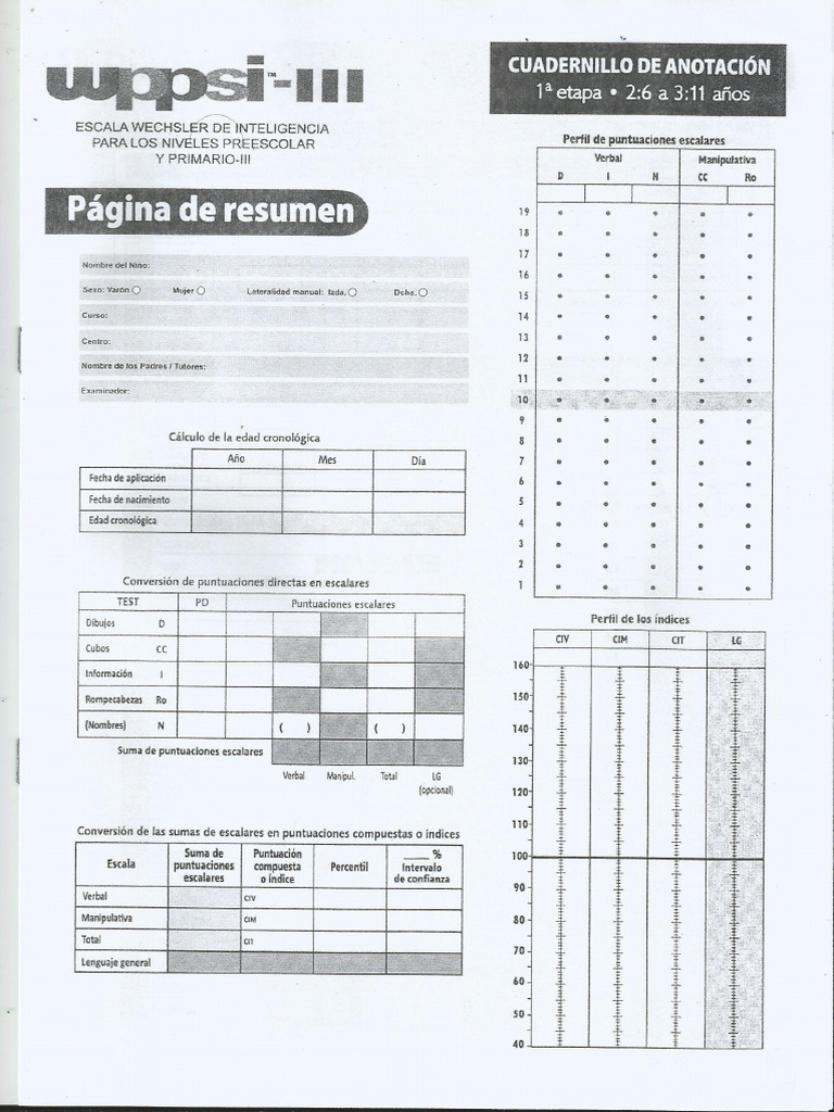Neurocognitivo WPPSI III 1 Etapa - Protocolo | PDF