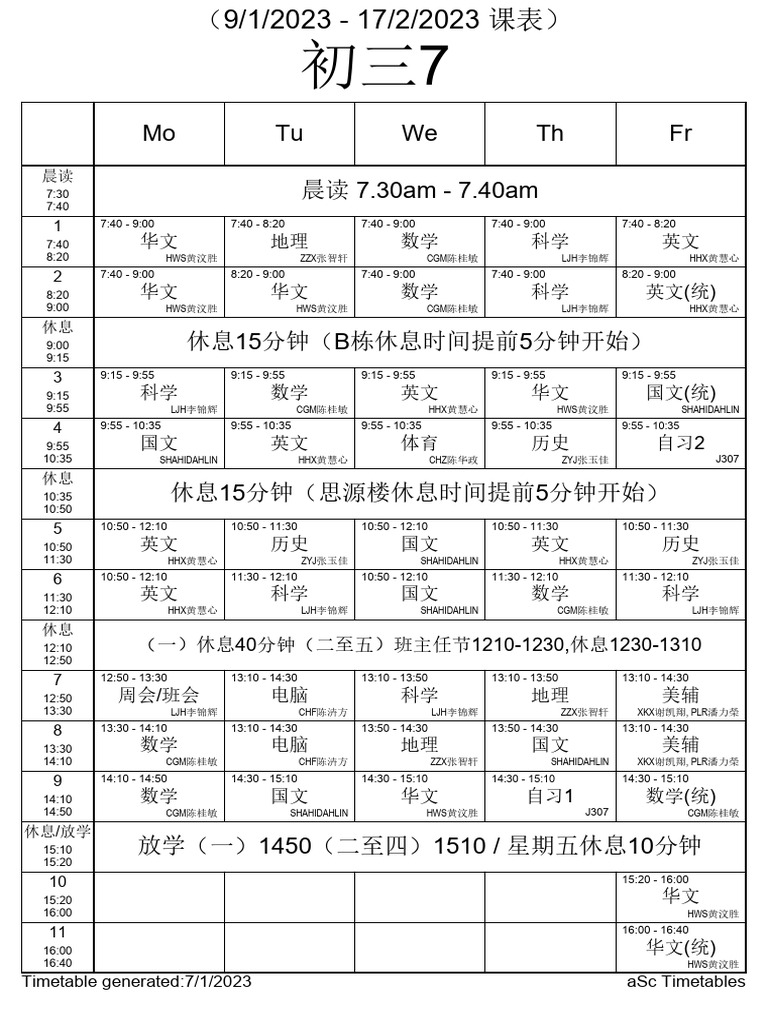 Mo Tu We TH FR: Timetable Generated:7/1/2023 Asc Timetables | PDF