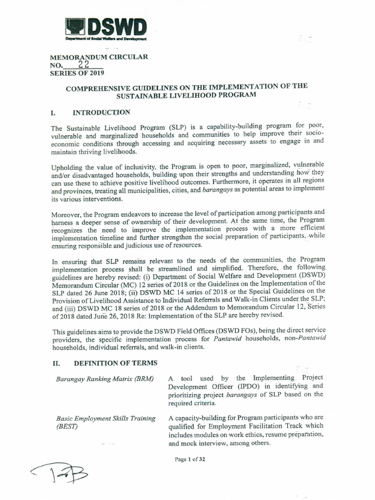 MC - 2019-022 Sustainable Livelihood Project DSWD | PDF