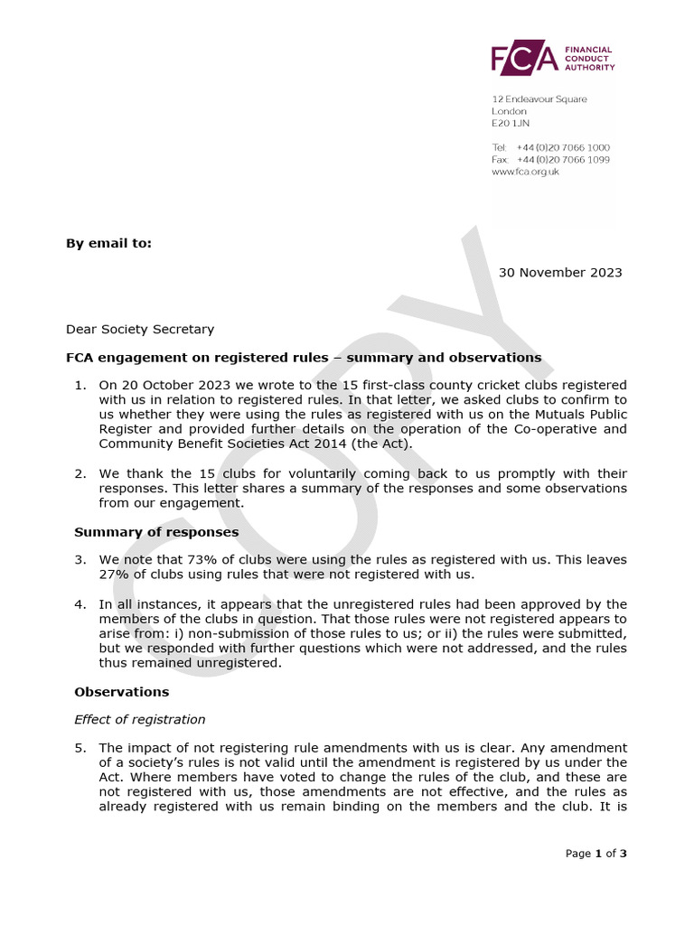 Fca Letter Ecb Registered Rules Feedback November 2023 | PDF | Government | Justice
