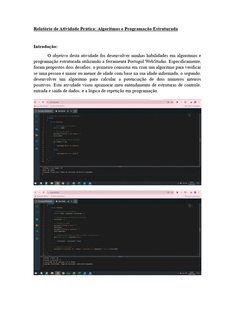 Algoritmos e Programacao Estruturada - Relatorio Atividade Pratica | PDF | Algoritmos ...