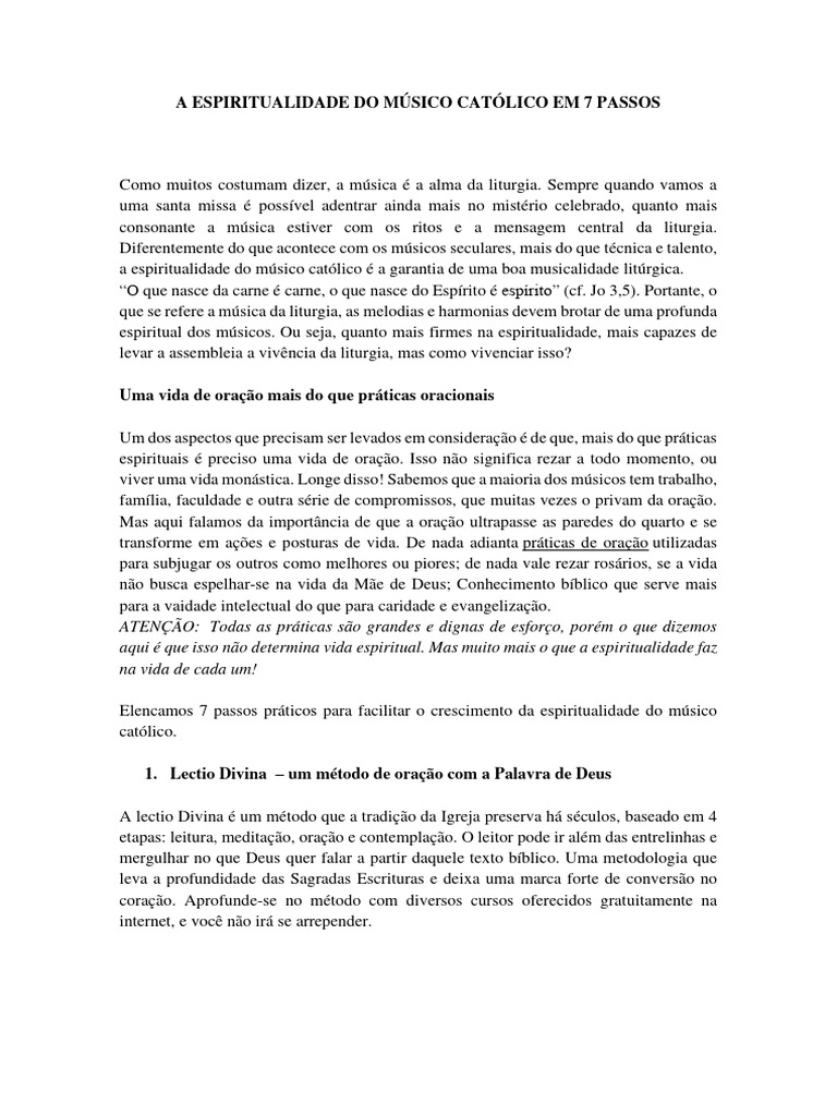 Espiritualidade do Músico Católico | PDF | Maria, mãe de Jesus | Oração