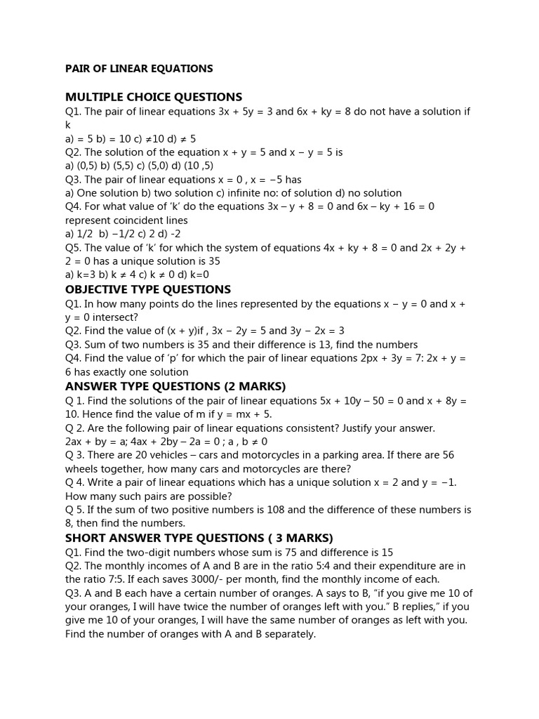 Linear Equations MCQs and Problems | PDF | Equations | Probability