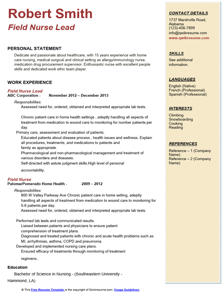 Field Nurse Lead Resume | PDF | Nursing | Health Care