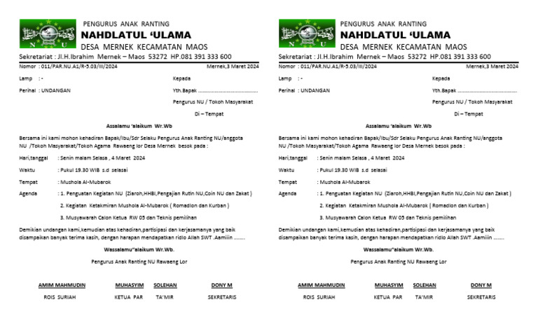 Undangan Pengurus Anak Ranting Nu | PDF