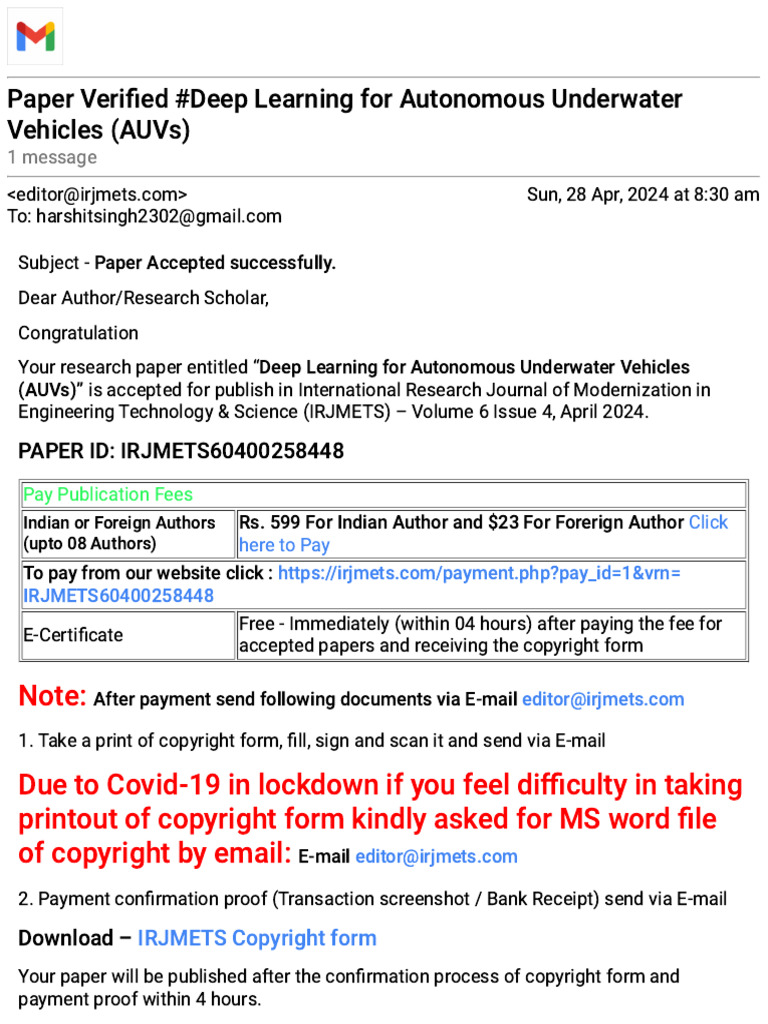 Gmail - Paper Verified #Deep Learning For Autonomous Underwater ...