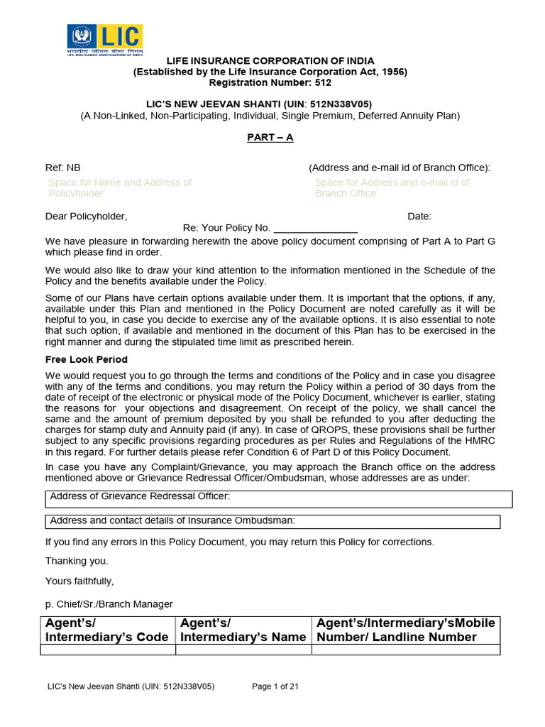 Final Policy Document - LICs New Jeevan Shanti - V05 - Logo | PDF ...