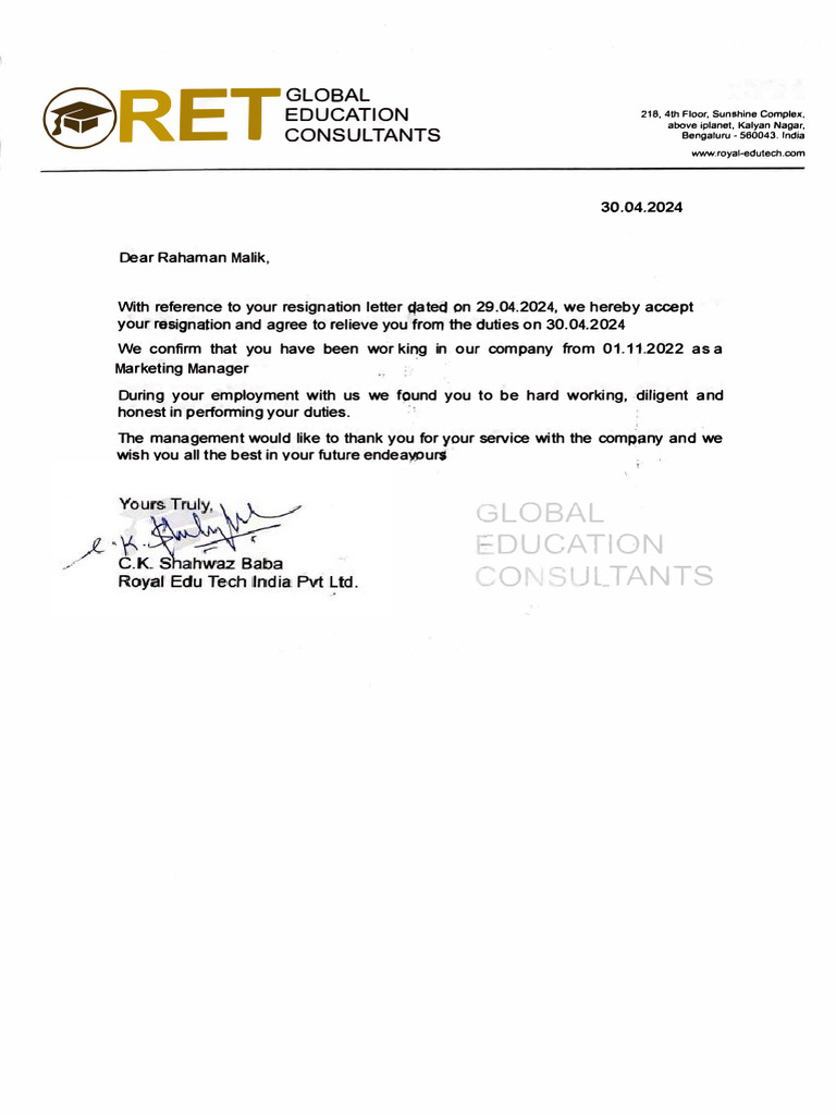 Resignation Acceptance Letter for Rahaman Malik | PDF