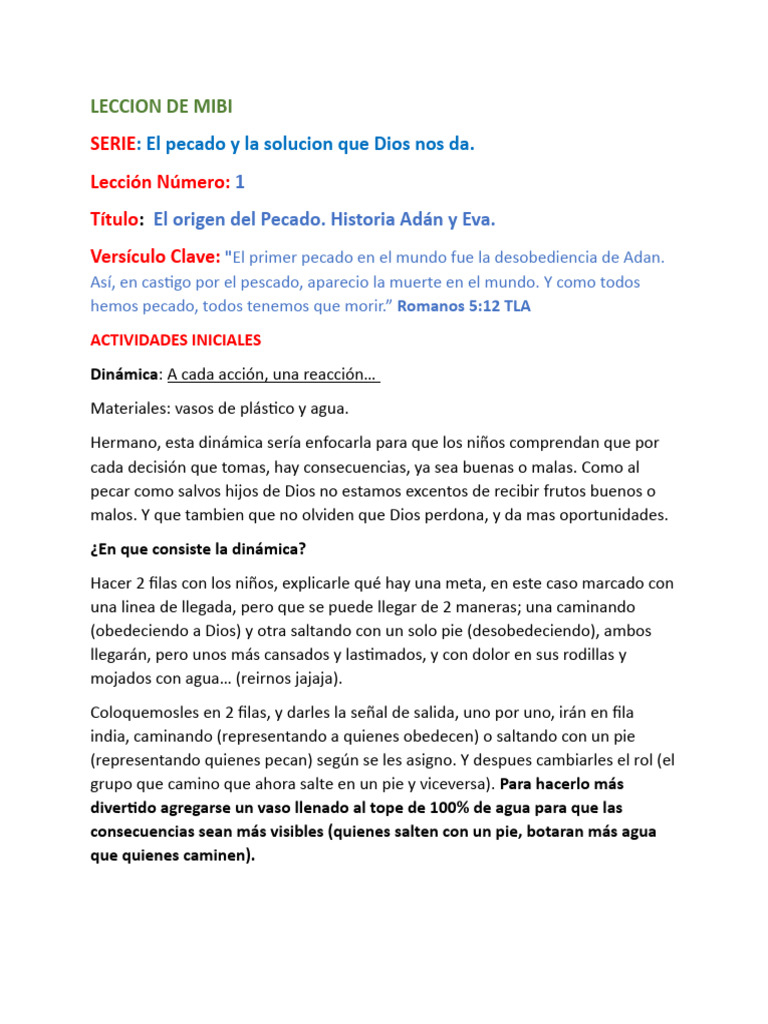 Leccion El Origen Del Pecado Adan Y Eva Mibi 2024 Pdf Oración Pecado