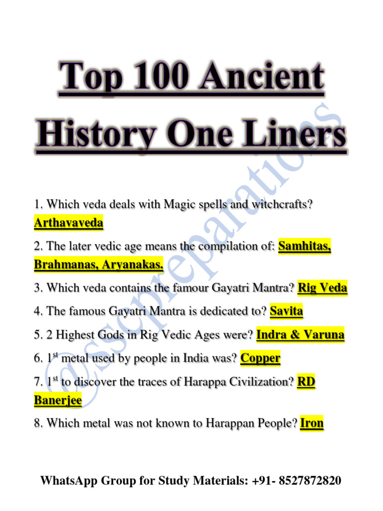 Top 100 Ancient History - One Liners | PDF | Vedas | Ashoka