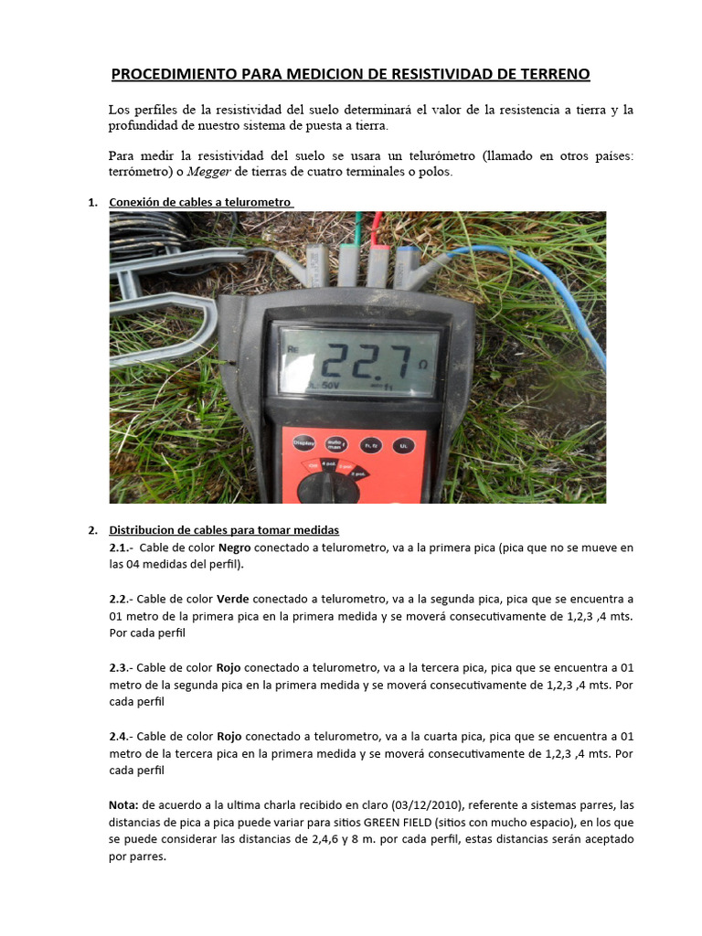 Procedimiento para Medicion de Resistividad de Terreno | PDF | Ingenieria Eléctrica | Metrología