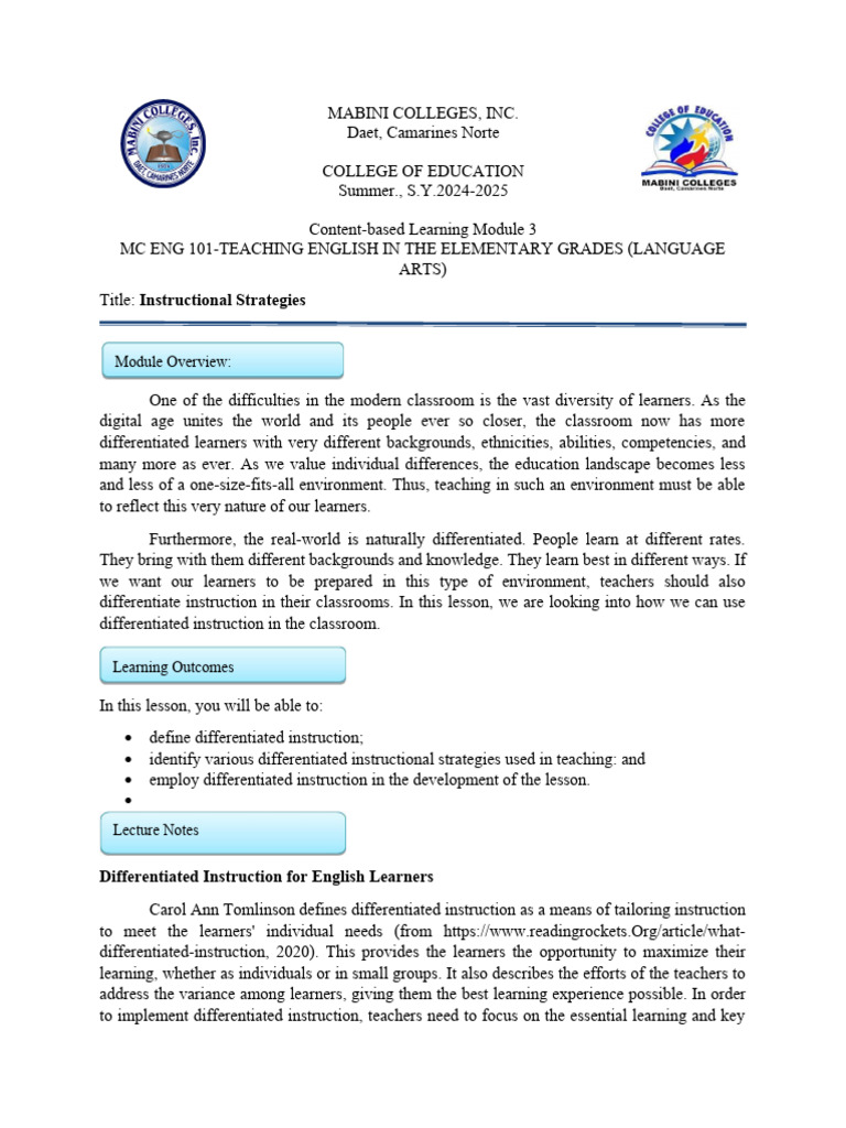 Eng 101-Module 2 F | PDF | Learning | Differentiated Instruction