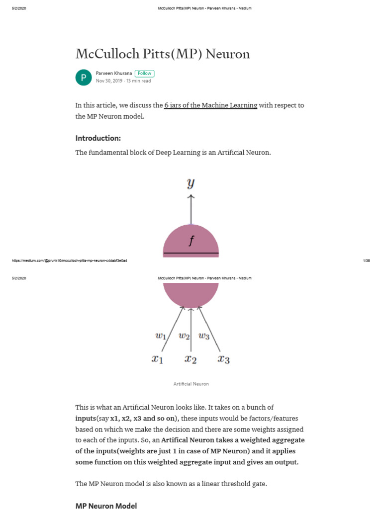 McCulloch Pitts (MP) Neuron - Parveen Khurana - Medium | PDF | Computer ... McCulloch Pitts (MP) Neuron - Parveen Khurana - Medium | PDF | Computer ...