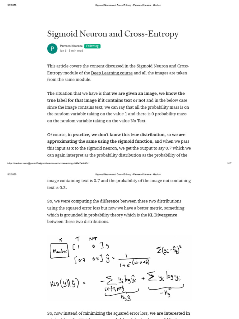 Sigmoid Neuron and Cross-Entropy - Parveen Khurana - Medium | PDF ...