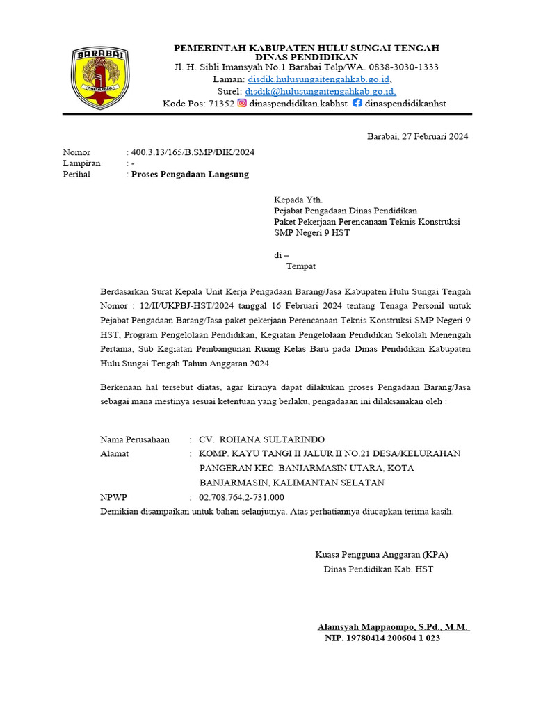 Surat Recom Perencanaan Teknis SMPN 9 HST | PDF