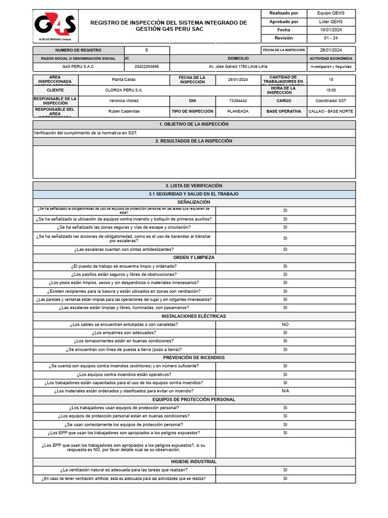 Inspecciones de Seguridad y Salud en El Trabajo - g4s Perú Sac - (Respuestas) - Registro RM 050 ...