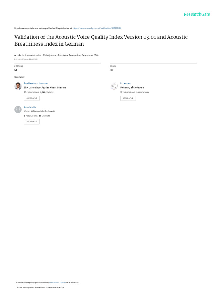 Validation of The Acoustic Voice Quality Index Version 03.01 and ...