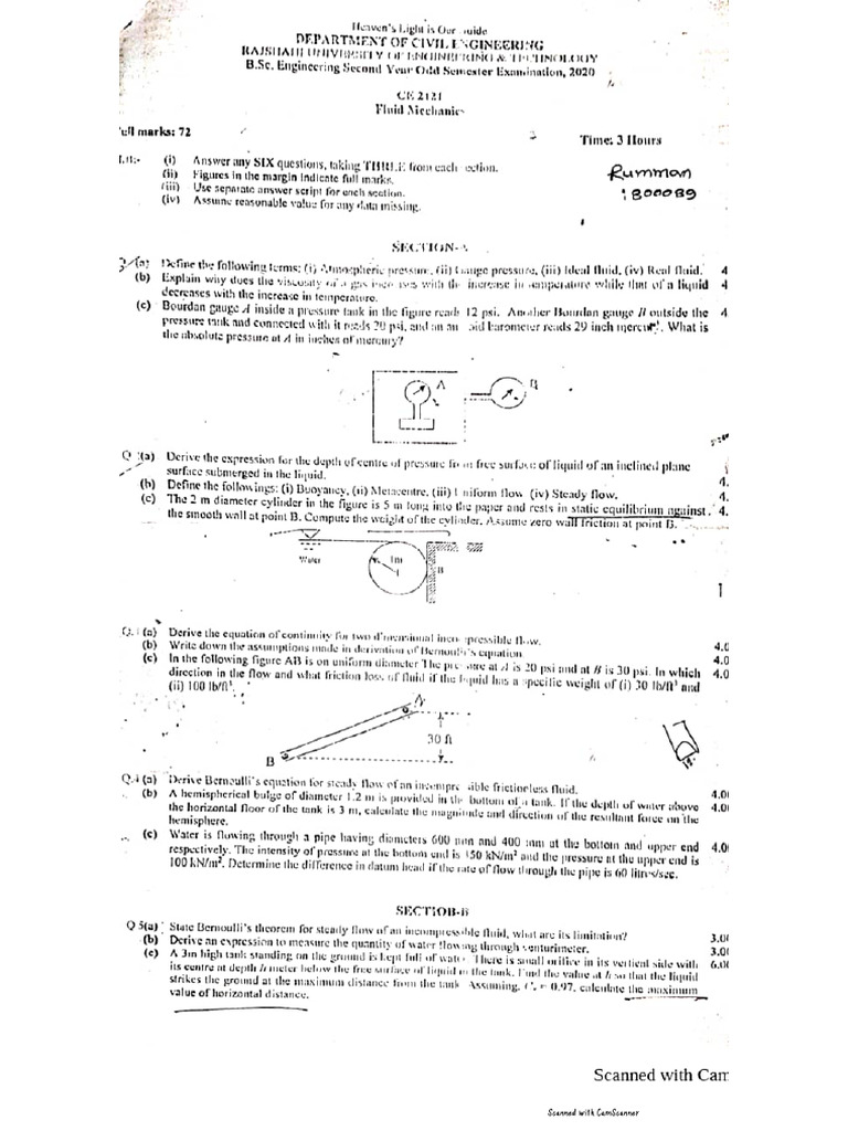 Fluid Mechanics Ques | PDF