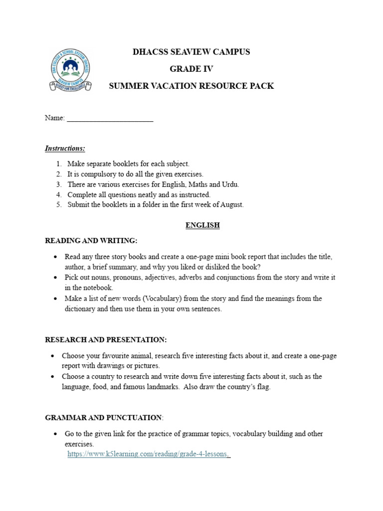 Summer Vacation Resource Pack Grade 4 | PDF | English Language | Languages