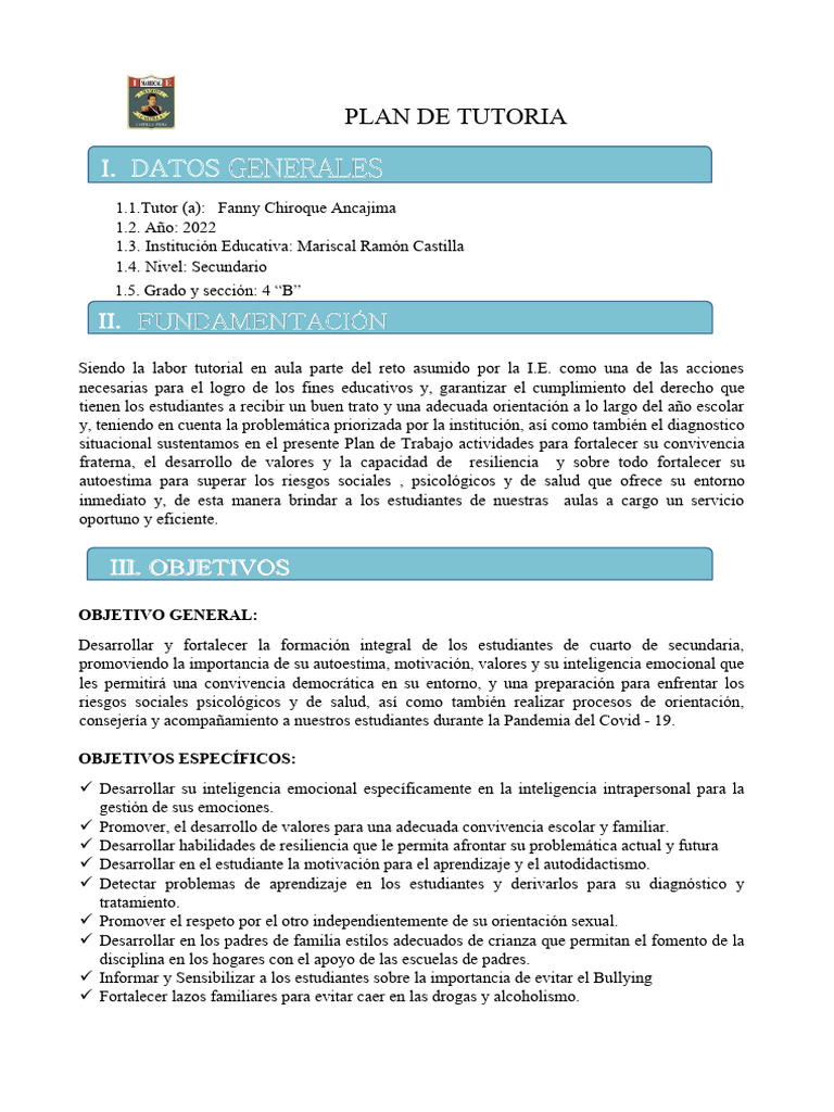 Plan de Tutoria de Cuarto B-2022 | PDF | Aprendizaje | Las emociones