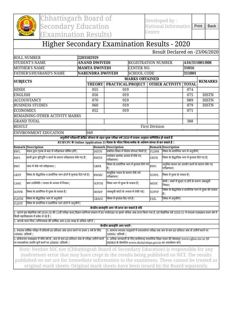 Chhattisgarh Board of Secondary Education - Result 2020 | PDF