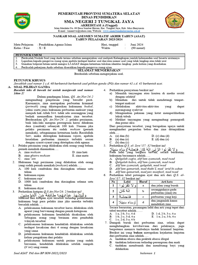 Pai - Ikm Naskah Soal Asat - Kelas X 2024 | PDF