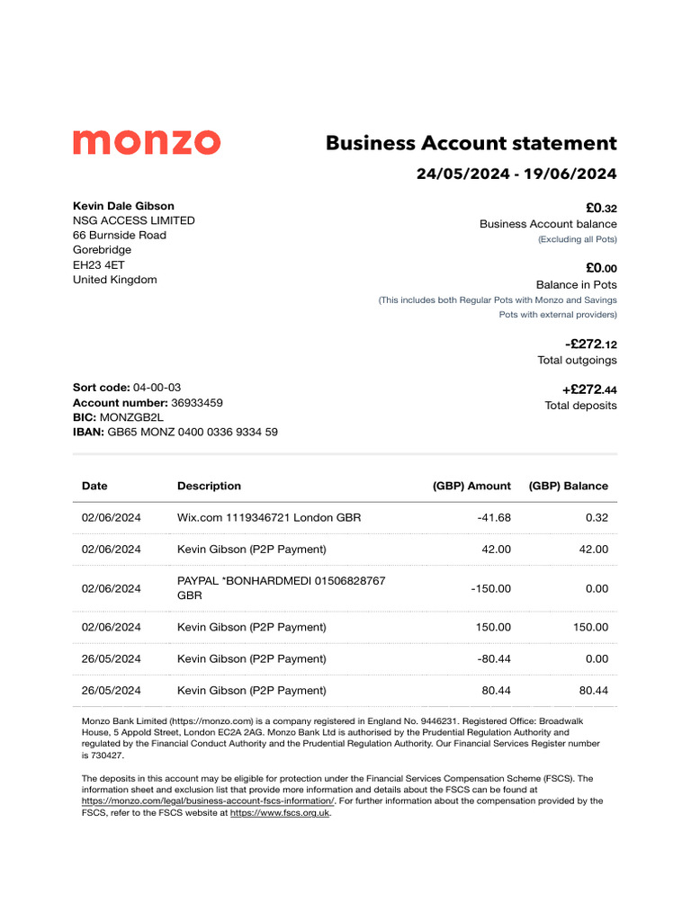 Monzo - Bank - Statement - 2024 05 24 2024 06 19 - 2218 | PDF | Deposit ...