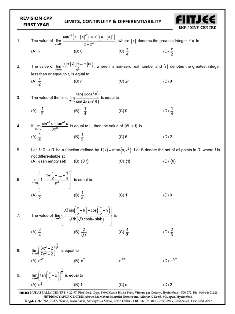(Revised) First Year - Limits, Continuity - Differentiability - Revision CPP - Myvs | PDF ...