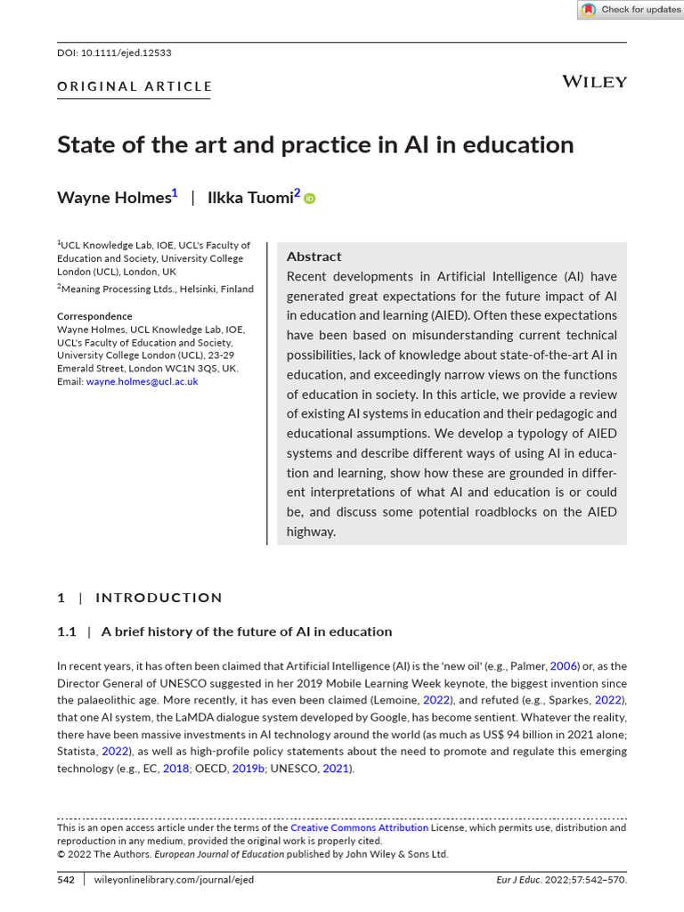 Euro J of Education - 2022 - Holmes - State of The Art and Practice in AI in Education | PDF ...