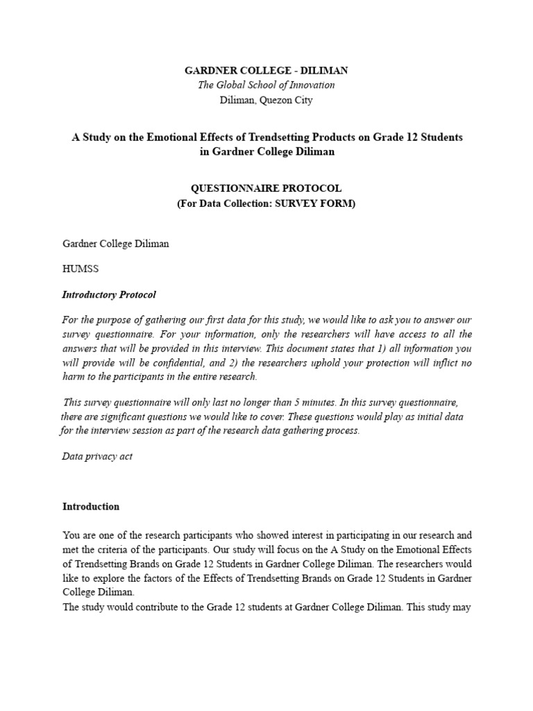 QUESTIONNAIRE PROTOCOL - Docx 1 | PDF | Questionnaire | Cognition