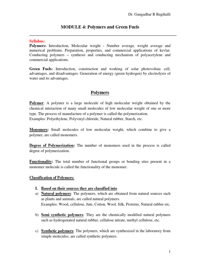MODULE 4 Polymers and Green Fuels-1 - 240409 - 190613 | PDF | Polymers | Hydrogen
