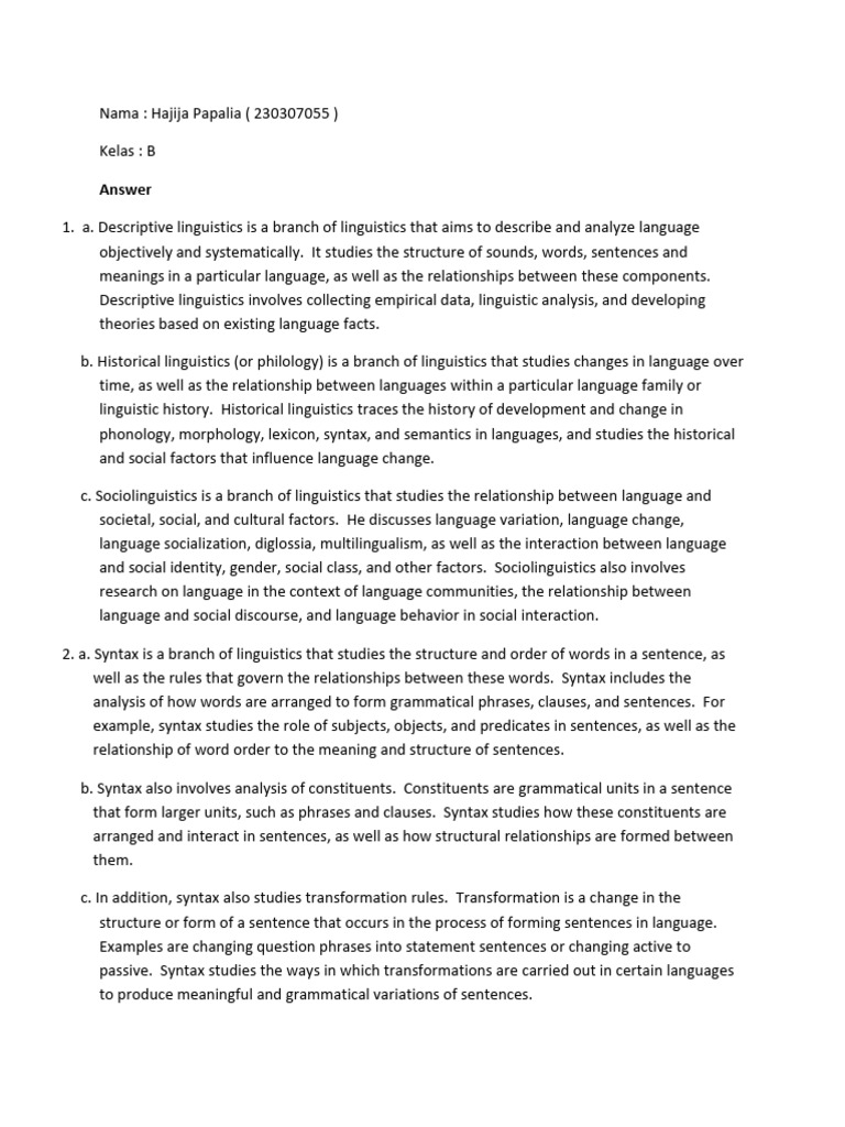 Answer Introduction To Linguistic | PDF | Syntax | Linguistics