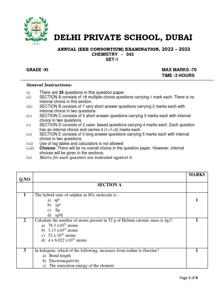 QP - SET1 EEE GR XI ANNUAL EXAM - 2023 - Class XI - Chemistry - Annual Exam - 2022-2023 | PDF ...
