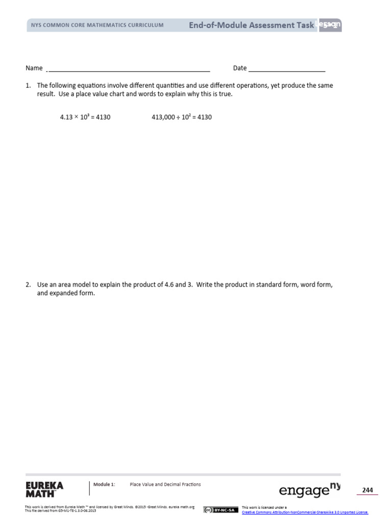 Math g5 m1 End of Module Assessment | PDF | Mathematics