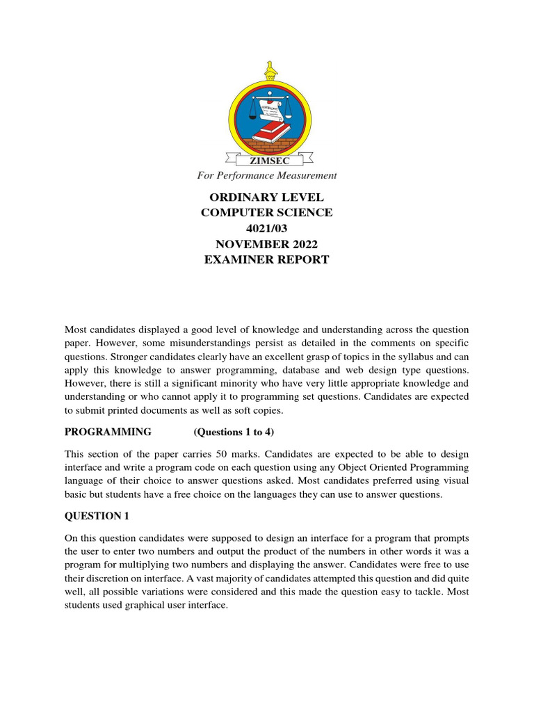 2022 O Level Computer Science Report | PDF | Computer Programming ...