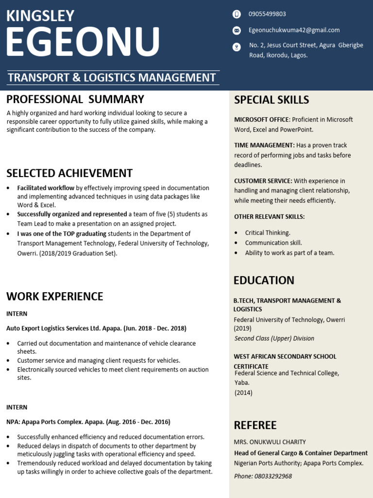 Egeonu Kingsley Curriculum Vitae (Logistics Officer) 2 | PDF ...