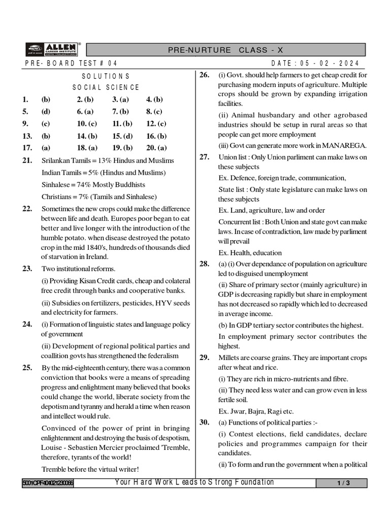 10th SST Pre-Board-4 Ans 0502 | PDF | Agriculture | Economies
