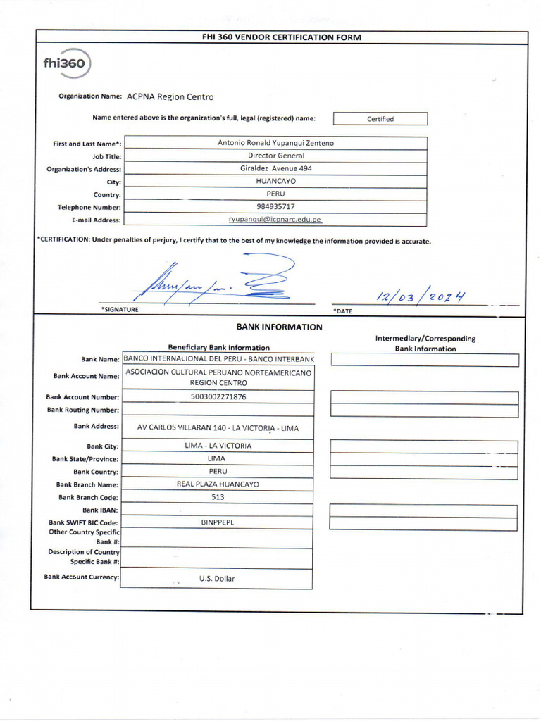 Bank Certification Form ACPNA RC | PDF