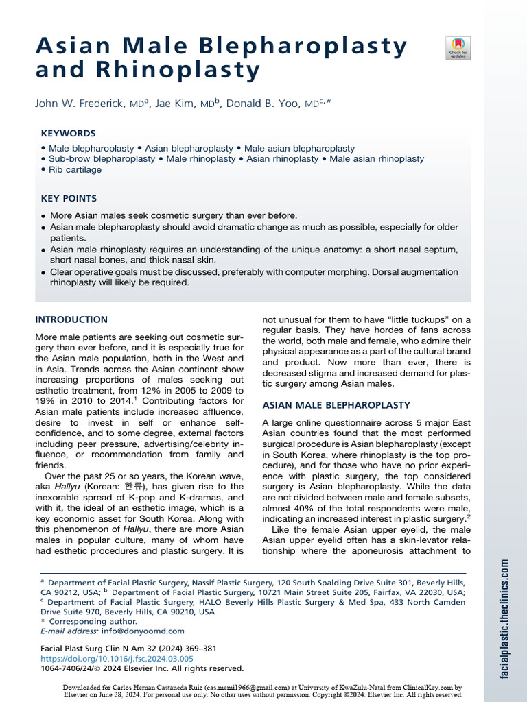 Asianmaleblepharoplasty Andrhinoplasty: John W. Frederick,, Jae Kim,, Donald B. Yoo | PDF