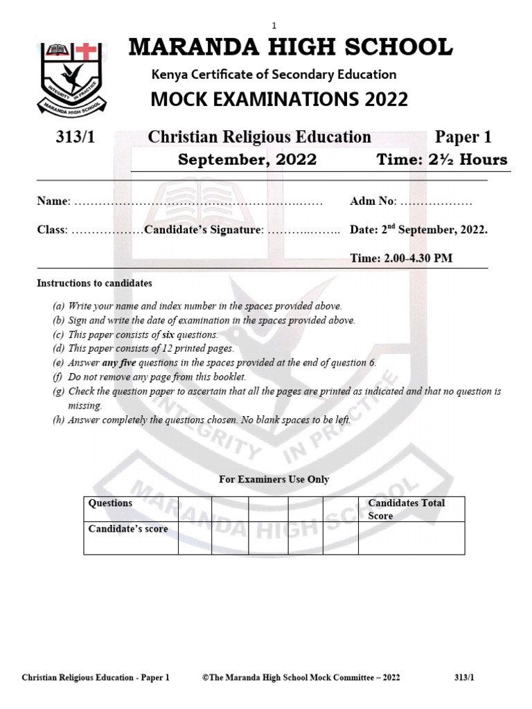 Maranda High CRE Mock Exam 2022 | PDF | Covenant (Biblical) | Bible Content