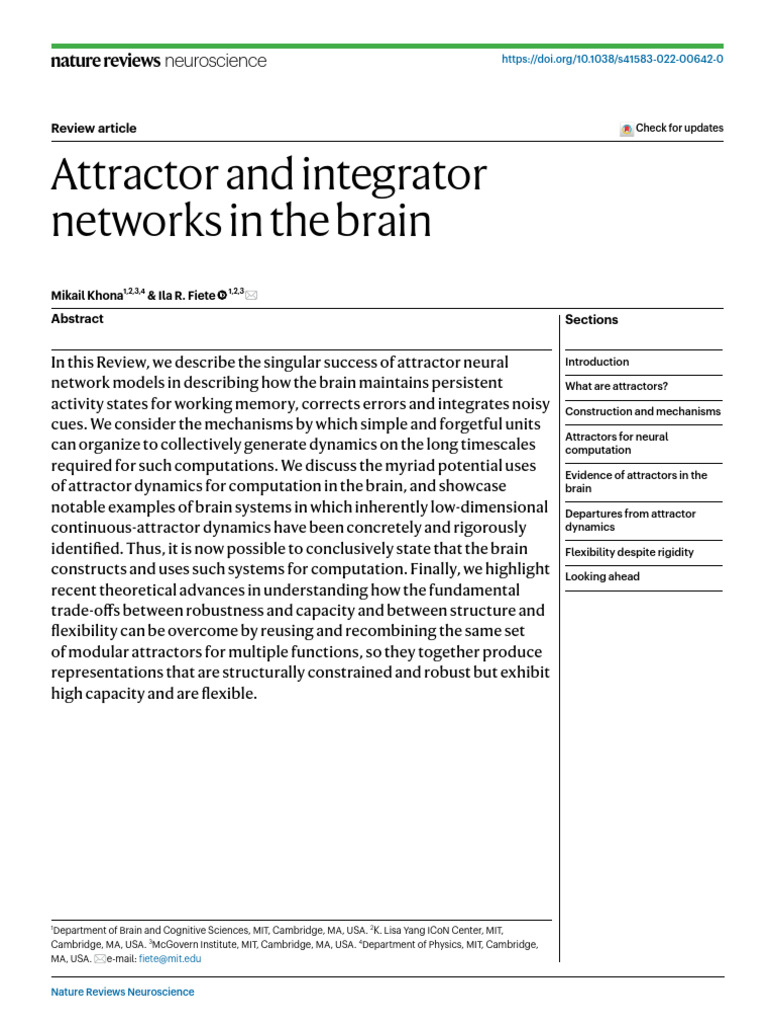 Khona-NRN-2022-Attractor and Integrator Networks in The Brain-2 | PDF | Attractor | Dynamical System